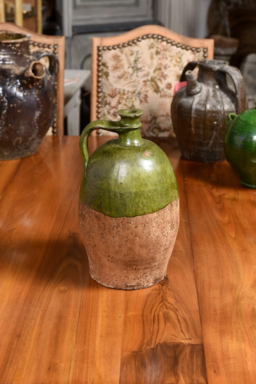 French Provincial 19th Century Pottery Jug with Green Glaze and Back ...