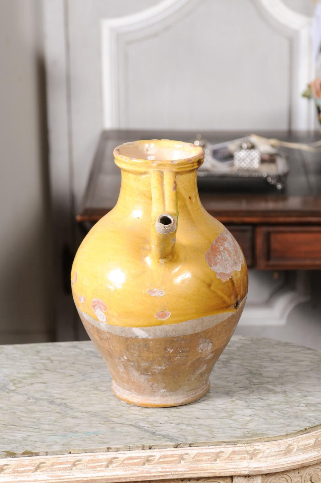 French Provincial 19th Century Yellow Glazed Pottery Jug with Two ...