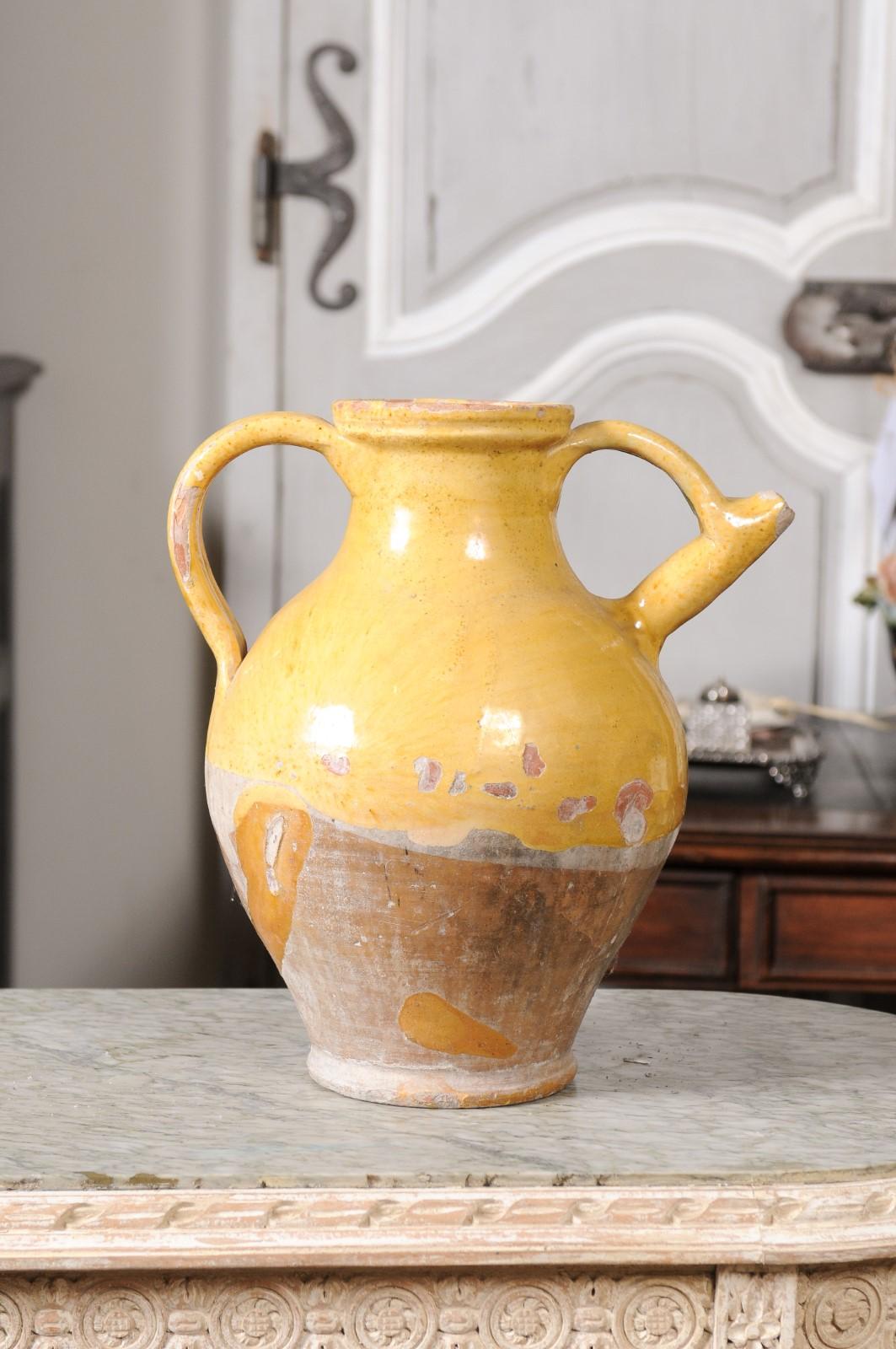 French Provincial 19th Century Yellow Glazed Pottery Jug with Two ...