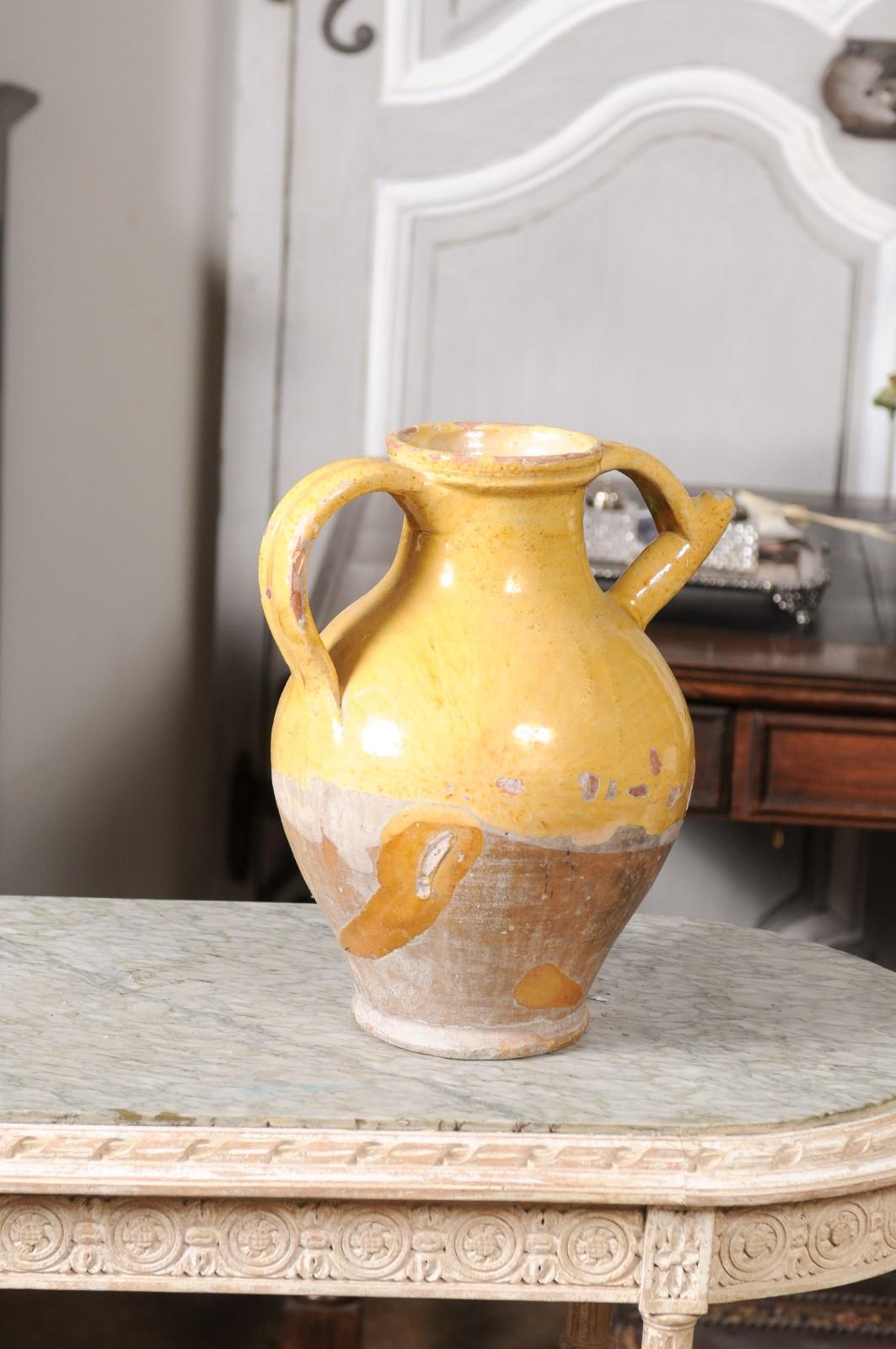 French Provincial 19th Century Yellow Glazed Pottery Jug with Two ...
