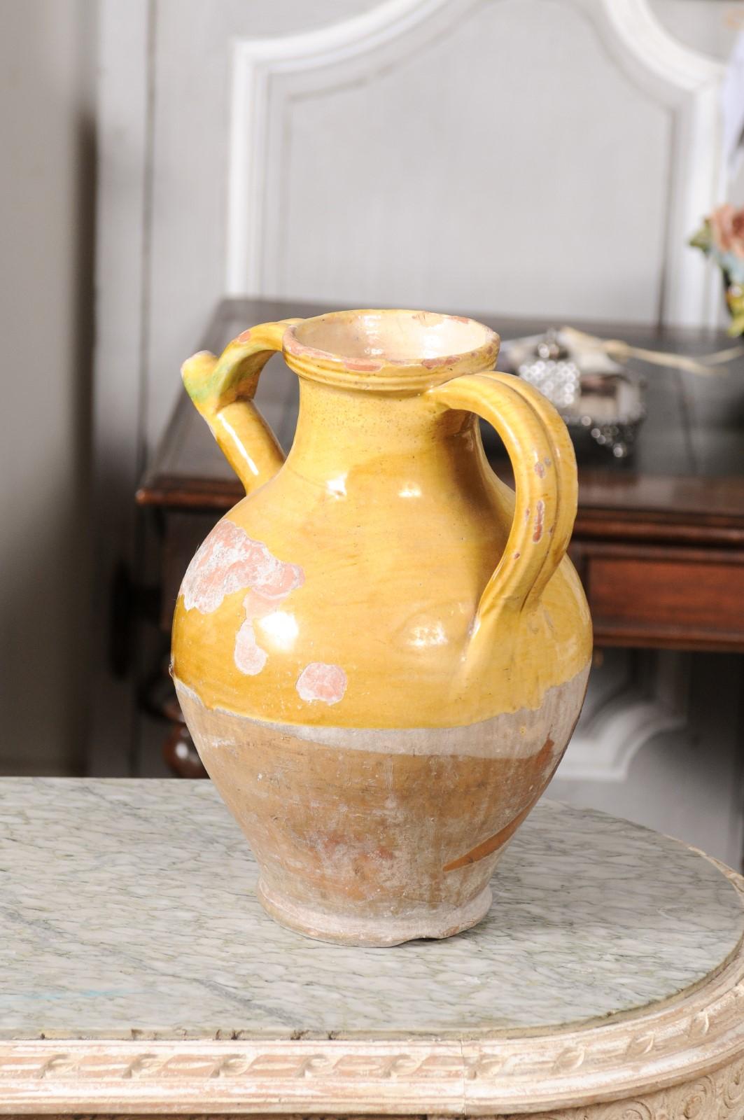 French Provincial 19th Century Yellow Glazed Pottery Jug with Two ...