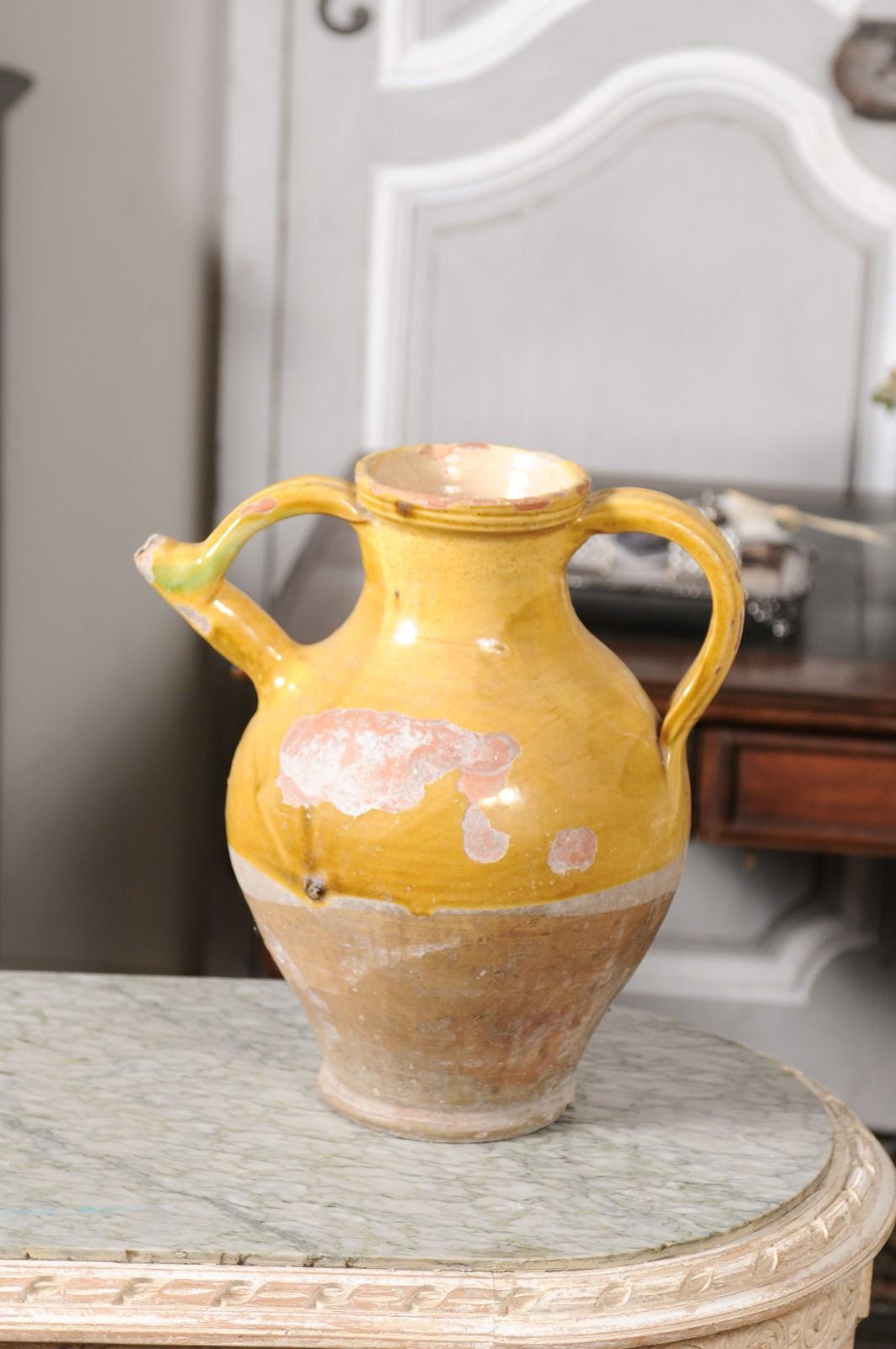 French Provincial 19th Century Yellow Glazed Pottery Jug with Two ...