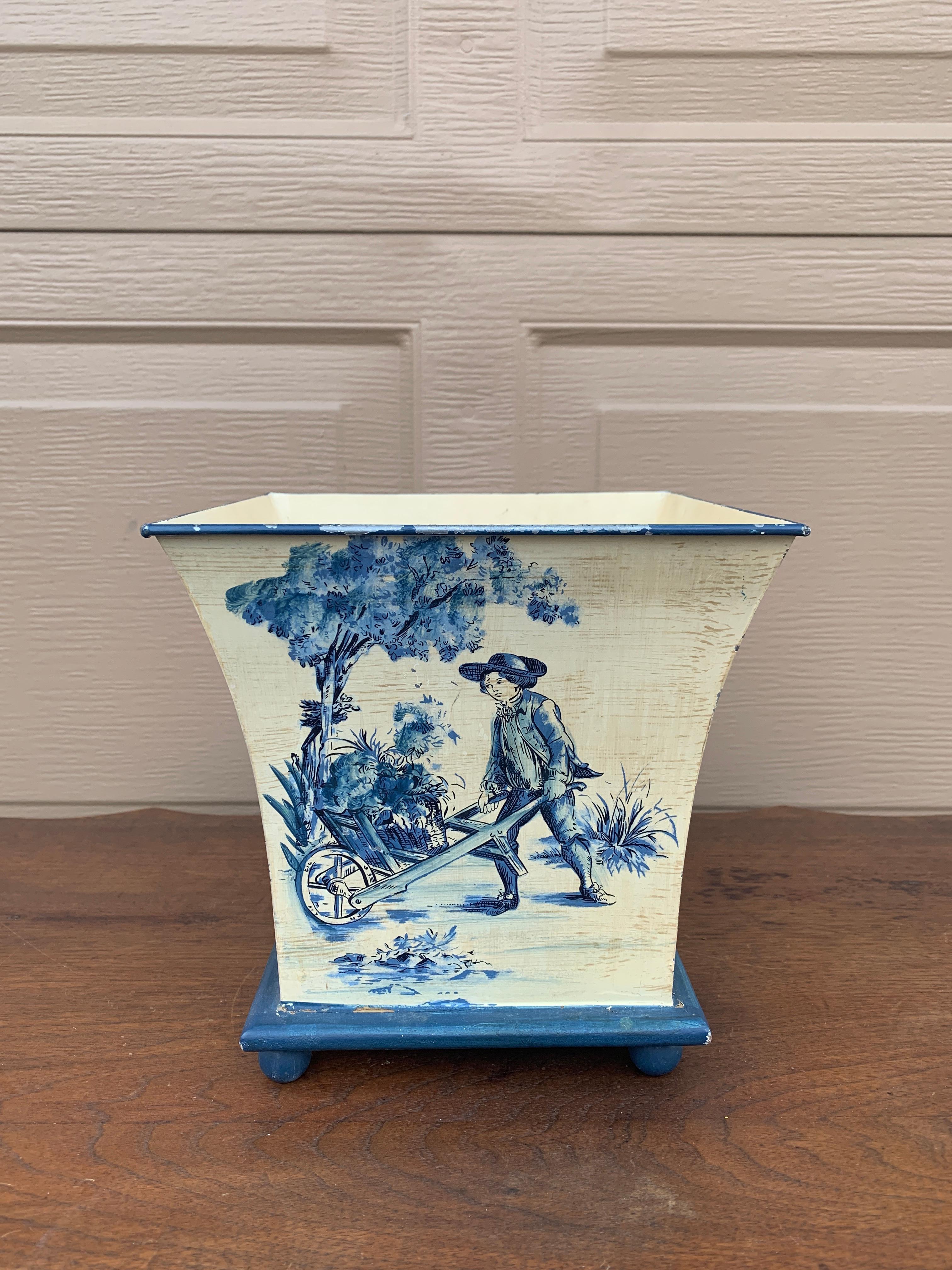 French Provincial Blue and White Tole Cachepot Planter Vase at 1stDibs
