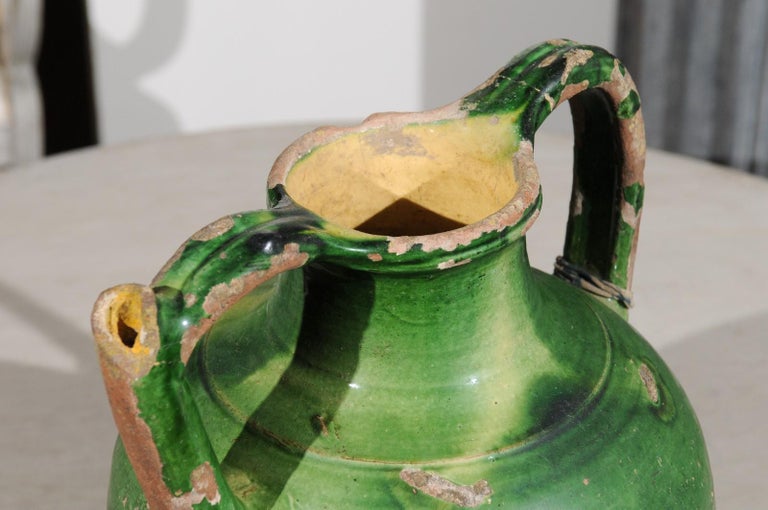 French Provincial Green Glazed Olive Oil Two-Handled Jug Pottery, circa ...