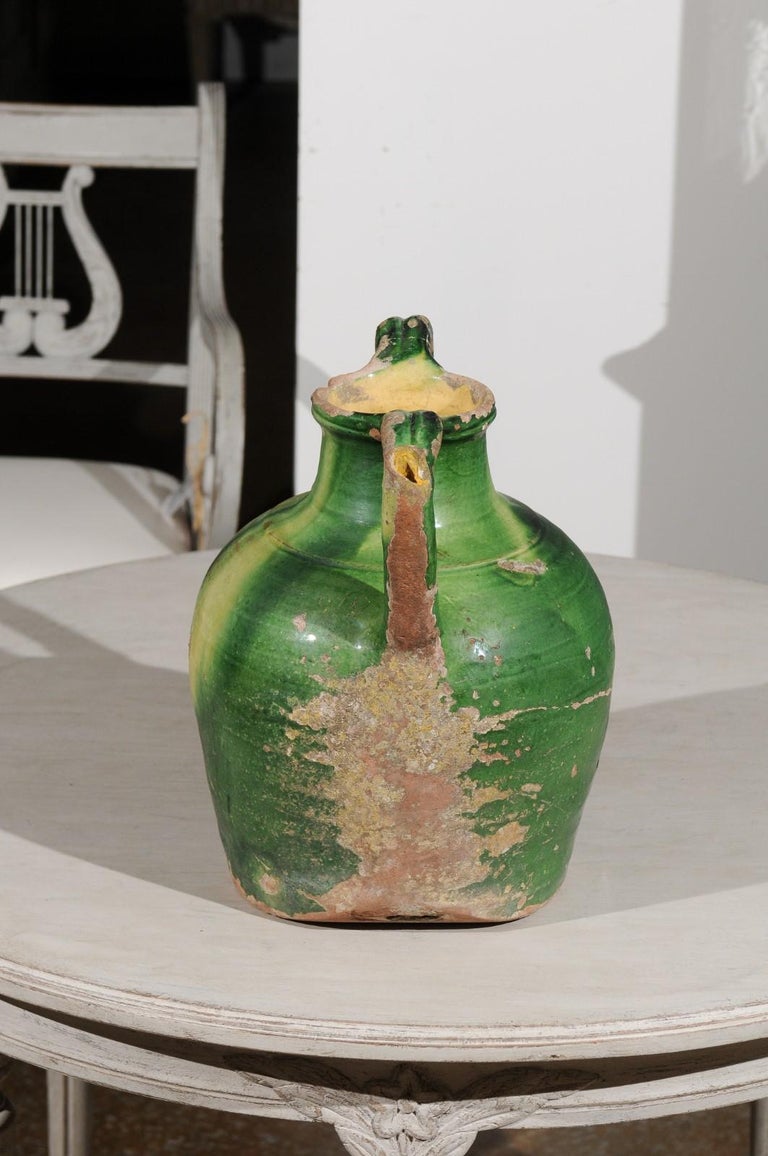 French Provincial Green Glazed Olive Oil Two-Handled Jug Pottery, circa ...