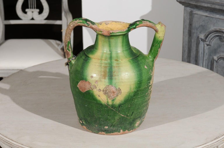 French Provincial Green Glazed Olive Oil Two-Handled Jug Pottery, circa ...