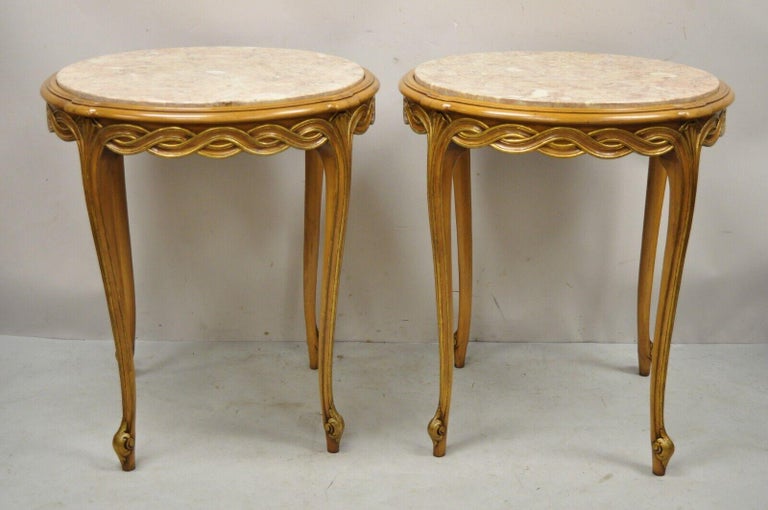 French Provincial Hollywood Regency Round Pink Marble Top Side Tables ...