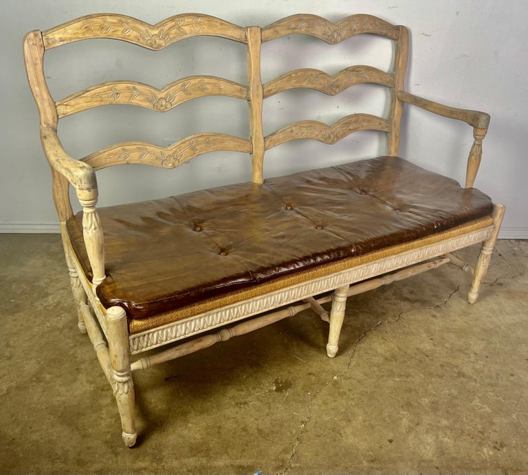 French Provincial Style Bench w/ Rush Seat and Leather Cushion For Sale ...