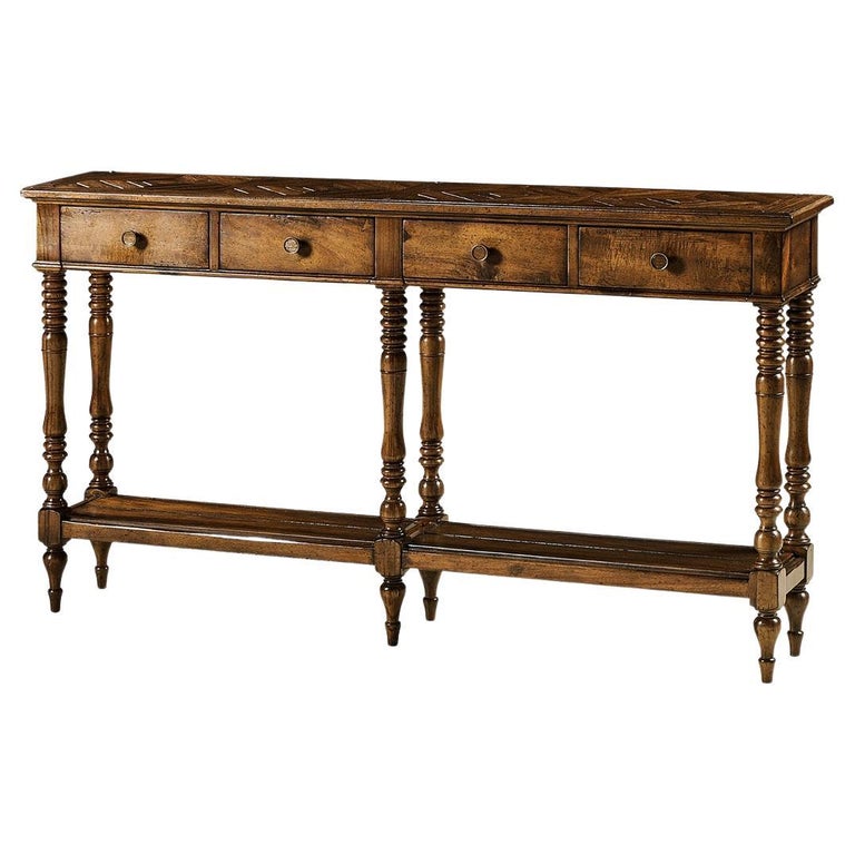 French Provincial Walnut Parquet Console Table For Sale at 1stDibs