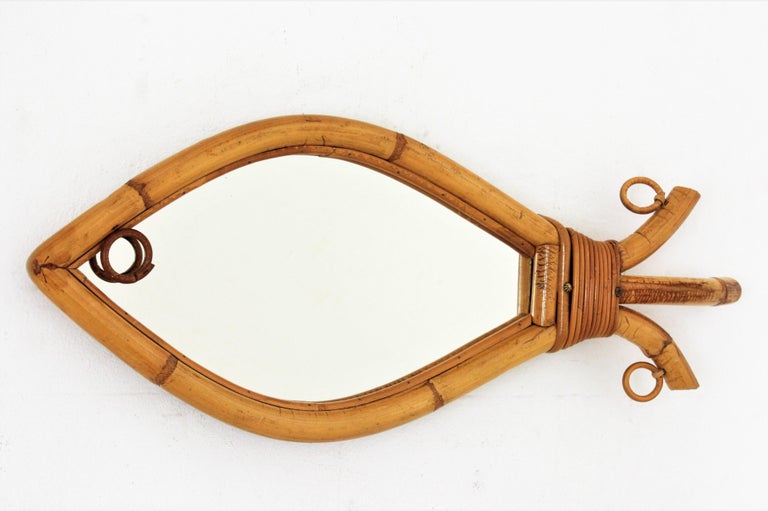French Rattan Bamboo Fish Shaped Mirror, 1950s at 1stDibs