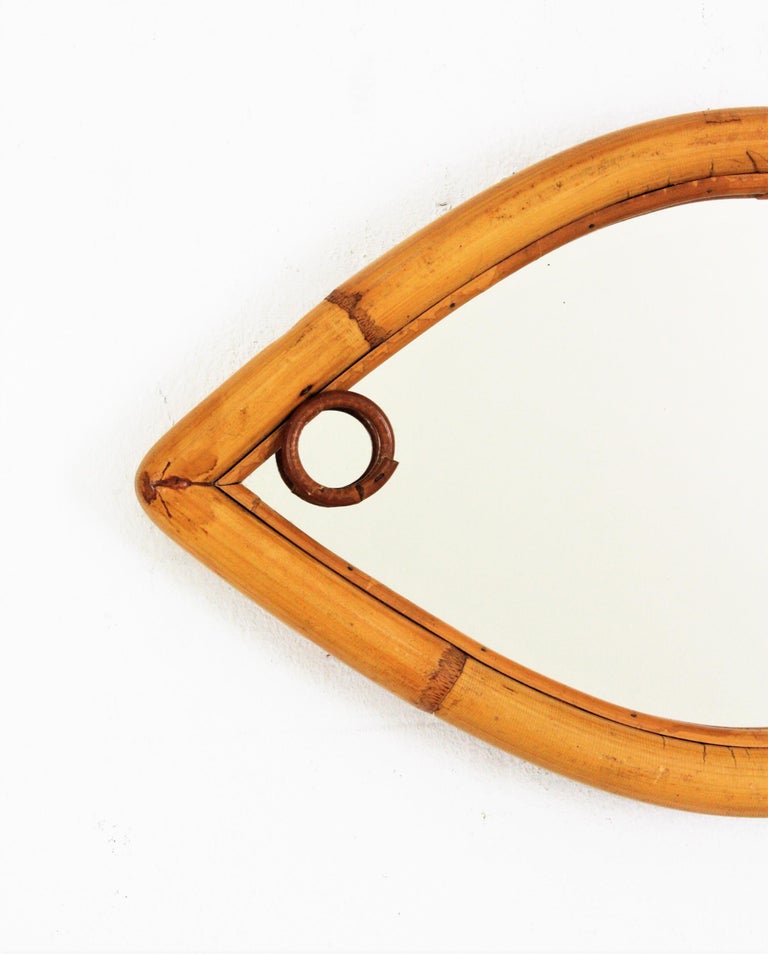 French Rattan Bamboo Fish Shaped Mirror, 1950s at 1stDibs