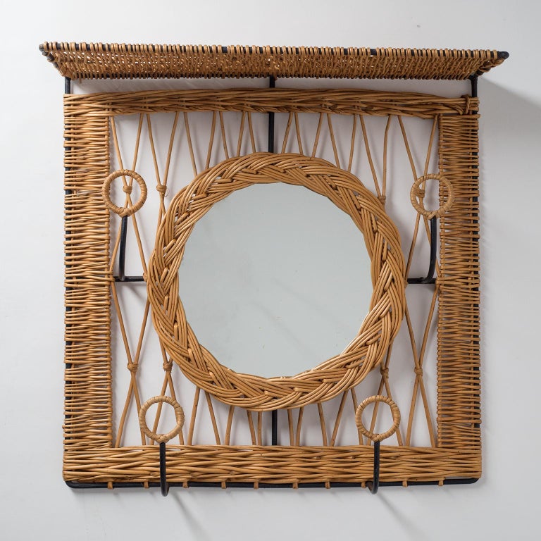 French Rattan Hat Rack with Mirror, circa 1960 For Sale at 1stDibs