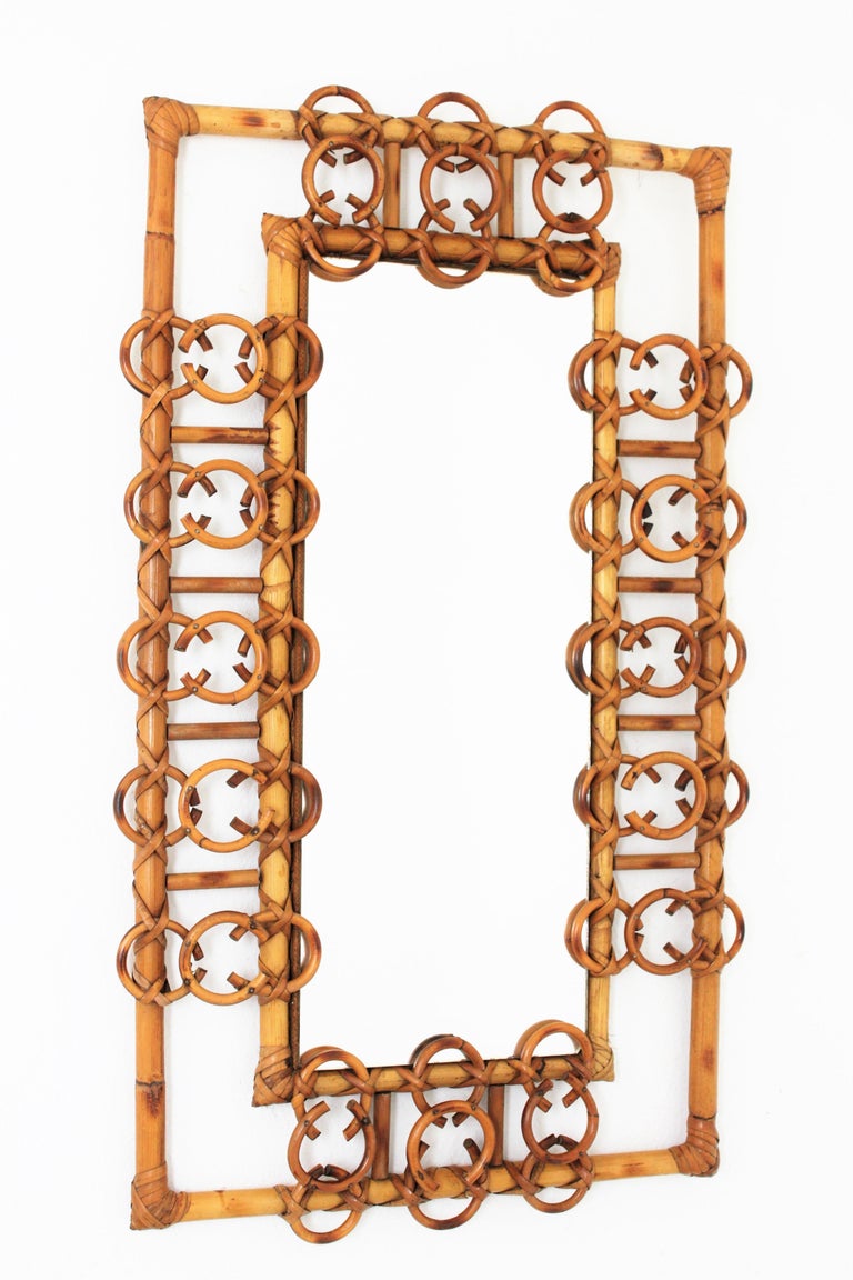 French Rattan Rectangular Mirror with Ring Details, 1950s For Sale at ...