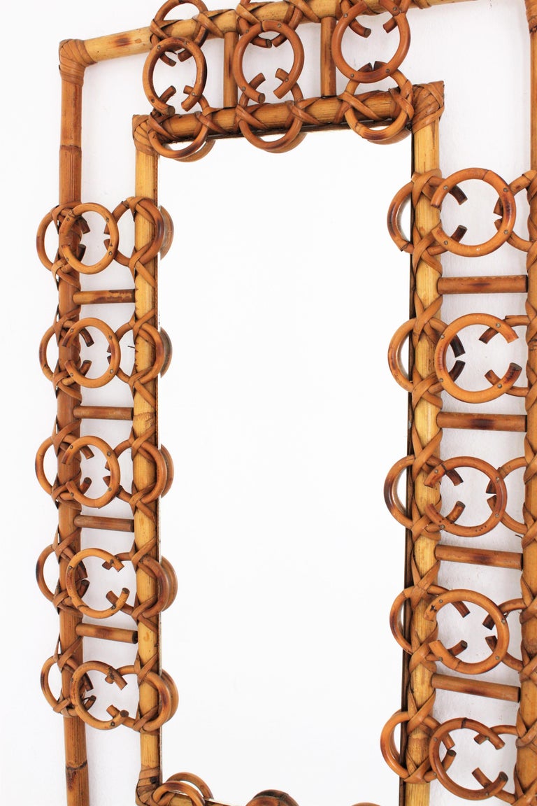 French Rattan Rectangular Mirror with Ring Details, 1950s For Sale at ...