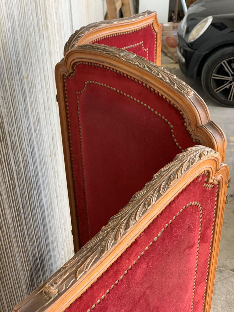 French Red Velvet Three-Panel Screen Adorned with Antique Brass Tacks ...