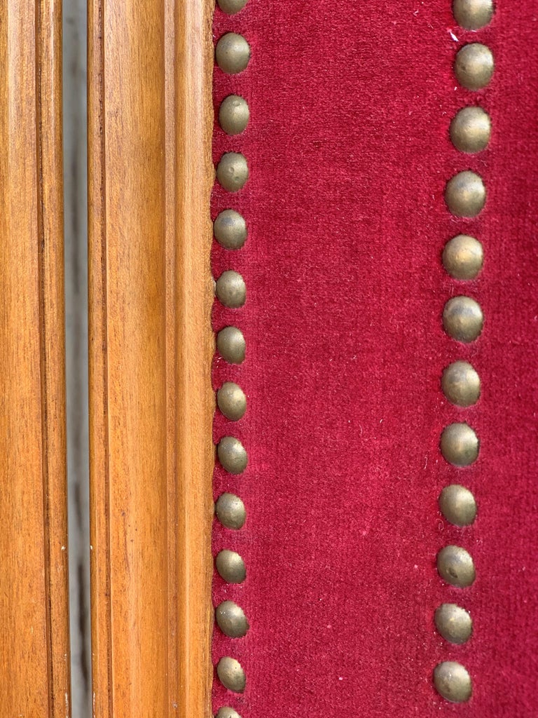 French Red Velvet Three-Panel Screen Adorned with Antique Brass Tacks ...