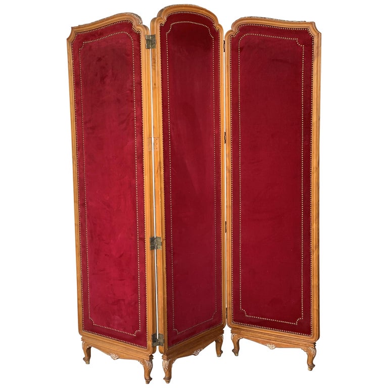 French Red Velvet Three-Panel Screen Adorned with Antique Brass Tacks ...