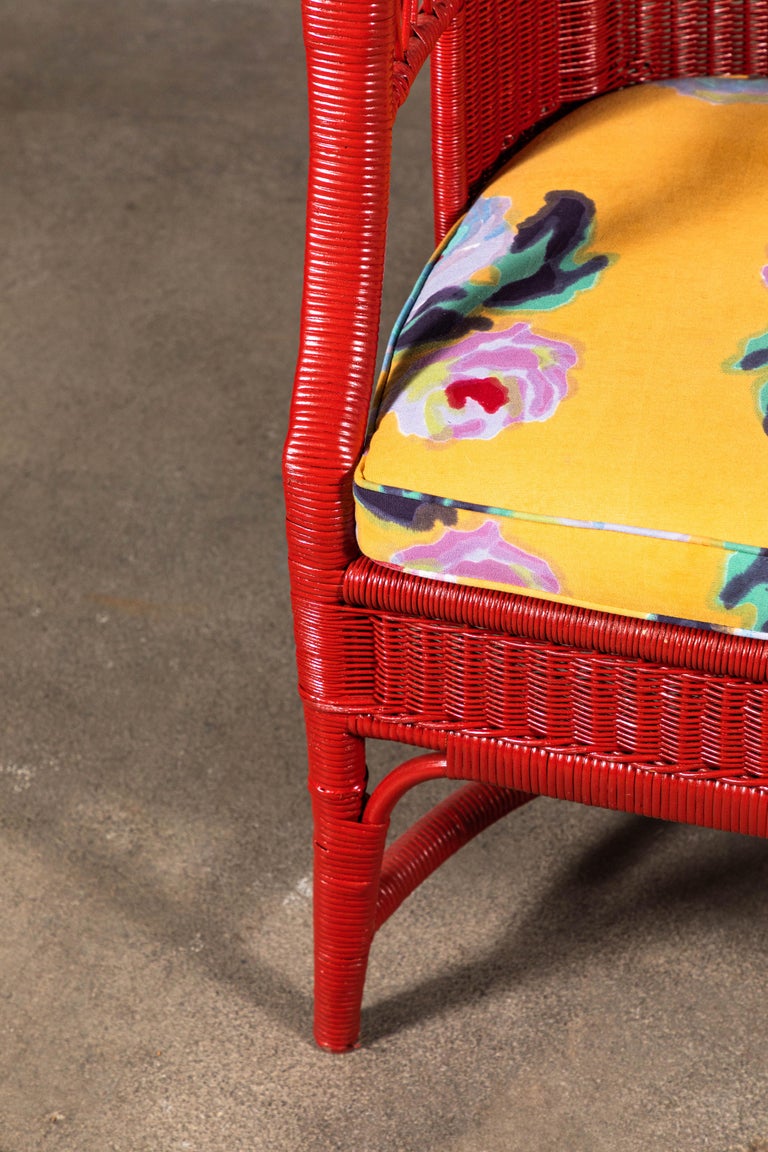 French Red Wicker Settee in Lisa Corti Floral Fabric at 1stDibs