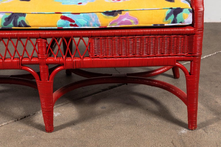 French Red Wicker Settee in Lisa Corti Floral Fabric at 1stDibs