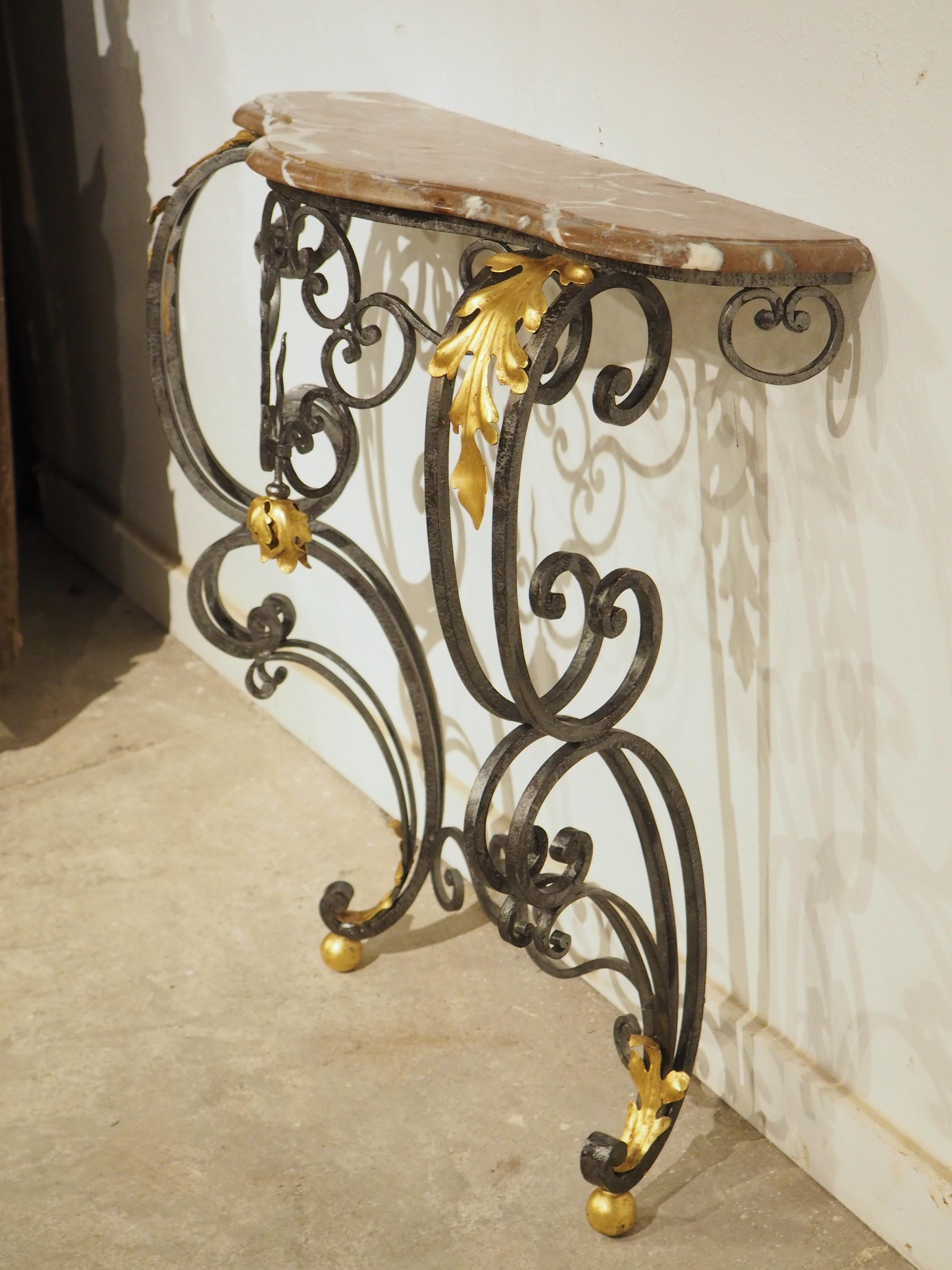 French Regence Style Wrought Iron and Tole Console, Rouge Marble Top ...