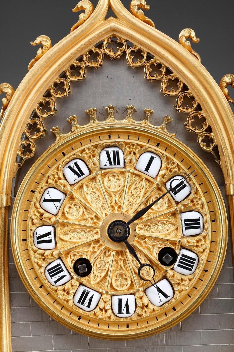French Restauration Gilt and Silvered Bronze Neo-Gothic Cathedral Clock ...