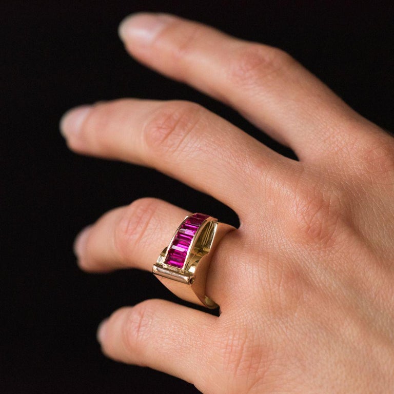 French Retro Calibrated Ruby Gold Tank Ring at 1stDibs | french tank ring