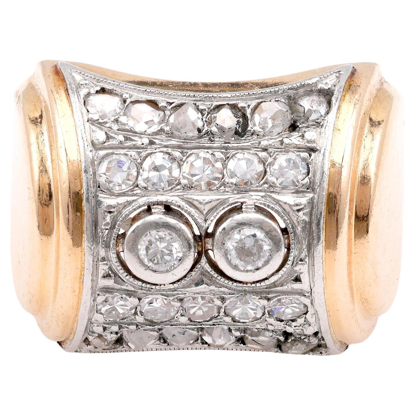 French Retro Diamond Yellow Gold Cocktail Ring For Sale at 1stDibs