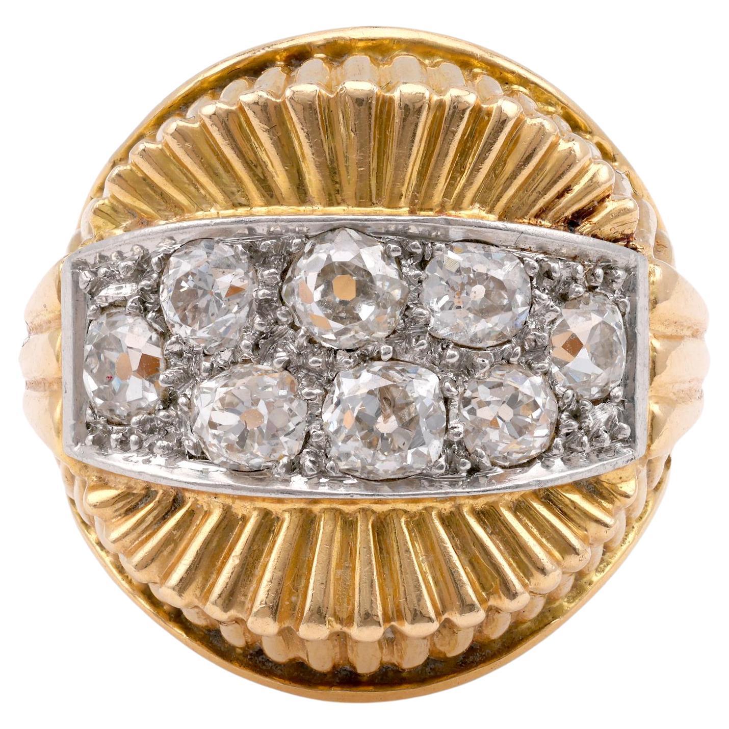 French Retro Diamond Yellow Gold Cocktail Ring For Sale at 1stDibs