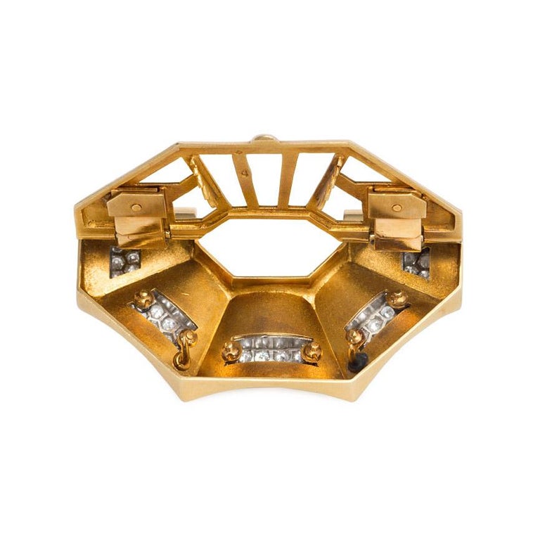 French Retro Gold and Diamond Fan-Shaped Clip Brooch, Wearable as a ...