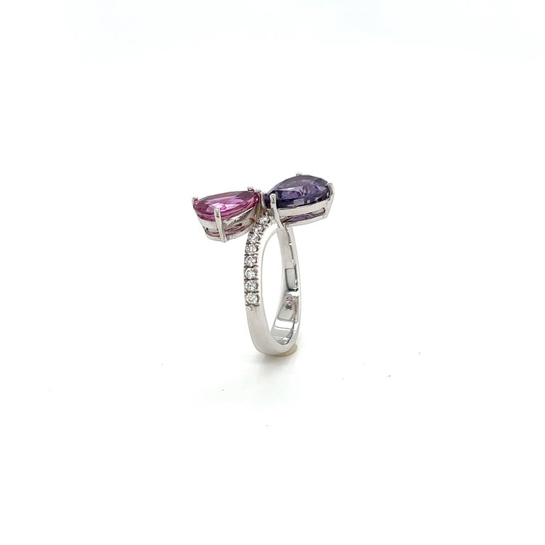 French Ring Two Sapphire Corundum Violet Pink Diamonds White Gold 18 ...