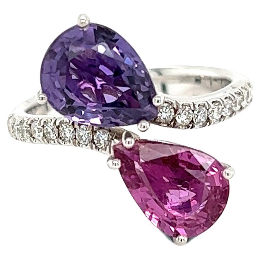 French Ring Two Sapphire Corundum Violet Pink Diamonds White Gold 18 ...