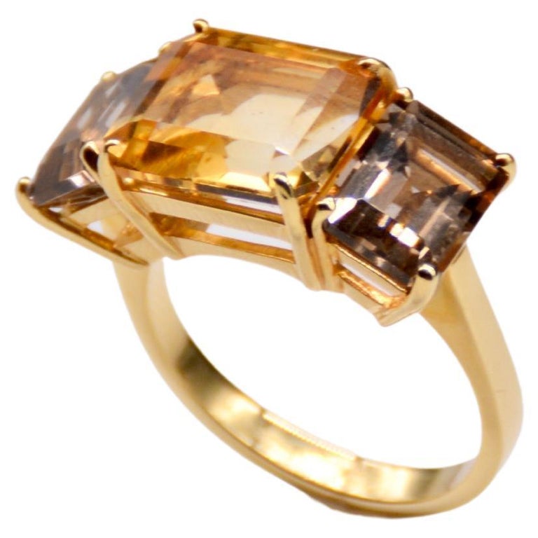 French Ring Yellow Gold Citrine Smoky Quartz For Sale at 1stDibs
