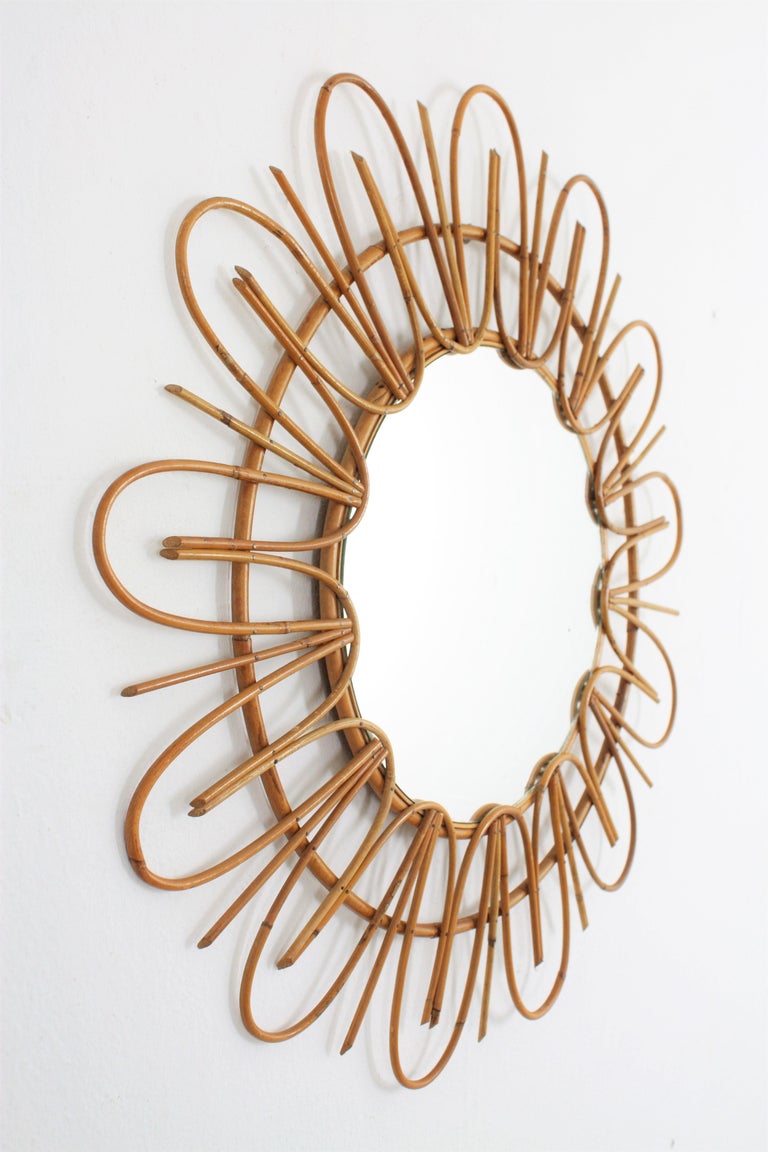 Rattan Sunburst Flower Shaped Mirror , French Riviera at 1stDibs