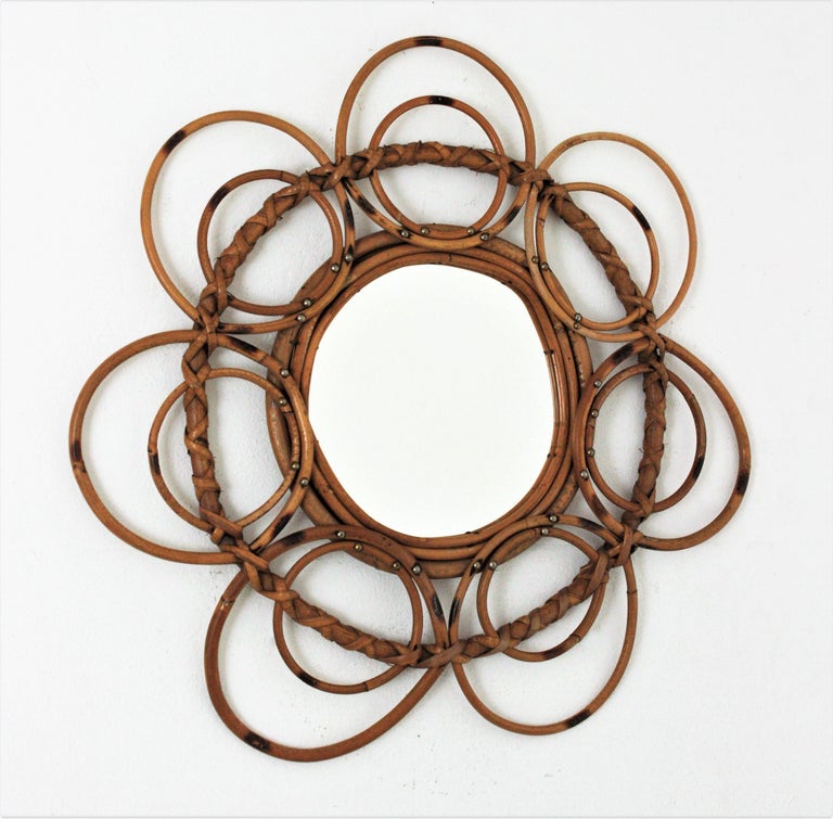 French Riviera Rattan Flower Mirror, 1960s For Sale at 1stDibs