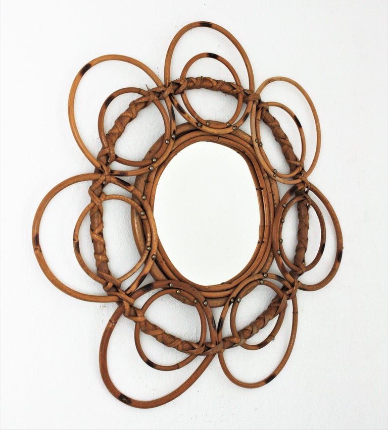 French Riviera Rattan Flower Mirror, 1960s For Sale at 1stDibs