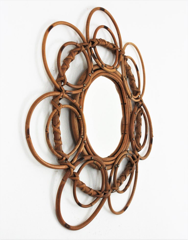 French Riviera Rattan Flower Mirror, 1960s For Sale at 1stDibs