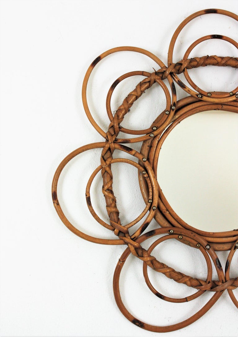 French Riviera Rattan Flower Mirror, 1960s For Sale at 1stDibs