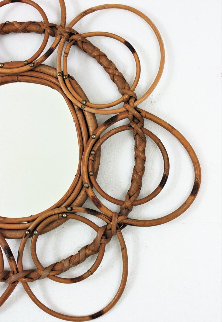 French Riviera Rattan Flower Mirror, 1960s For Sale at 1stDibs