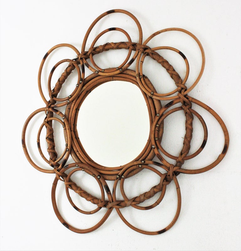 French Riviera Rattan Flower Mirror, 1960s For Sale at 1stDibs