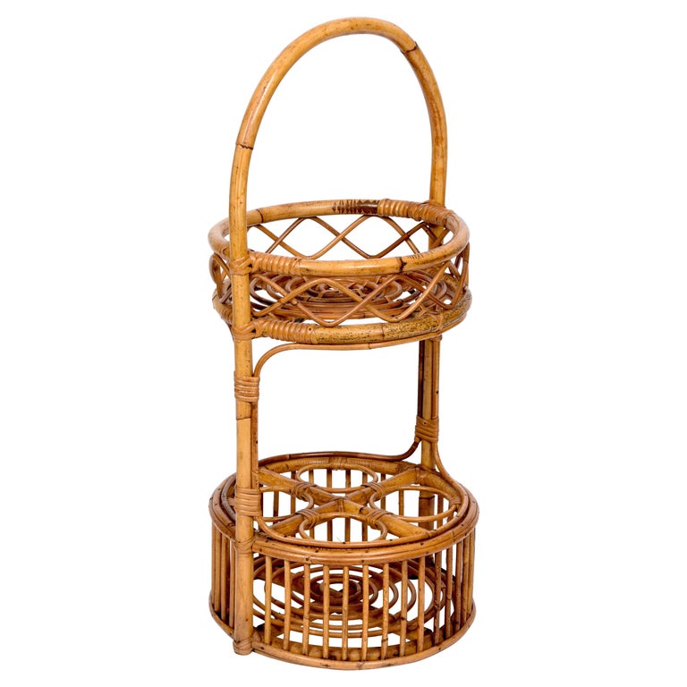French Riviera Round Service Table with Bamboo and Rattan Bottle Holder ...