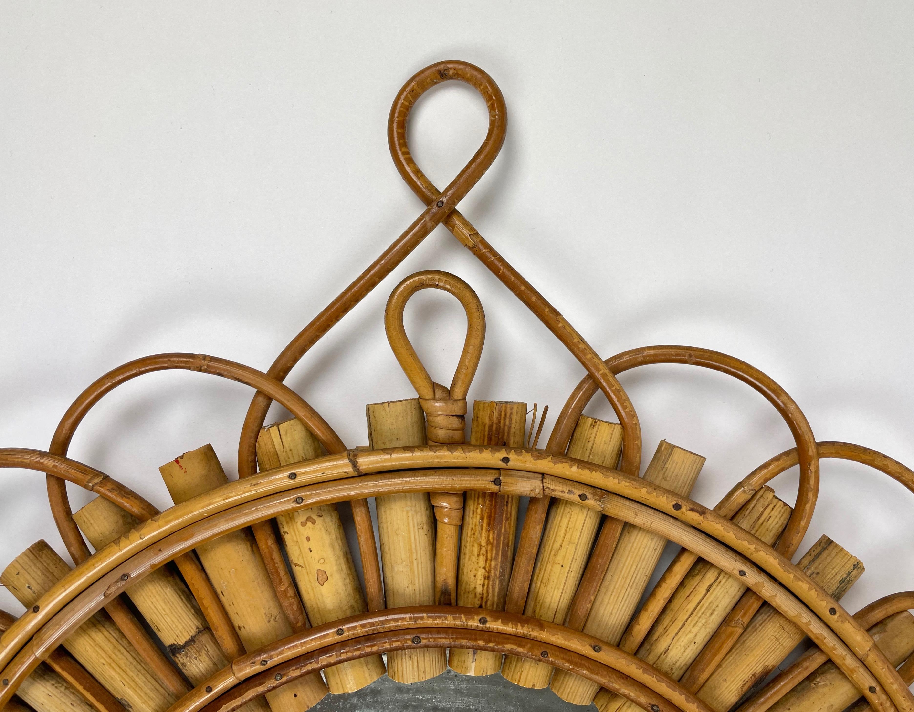 French Riviera Sunburst Wall Mirror Rattan Bamboo, 1960s at 1stDibs
