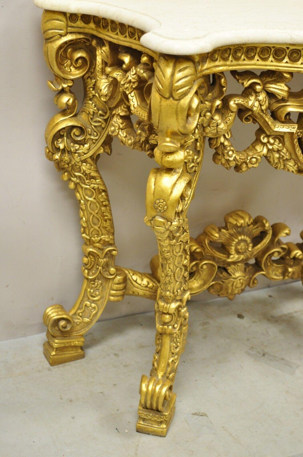 French Rococo Baroque Style Gold Travertine Marble Top Console Hall ...