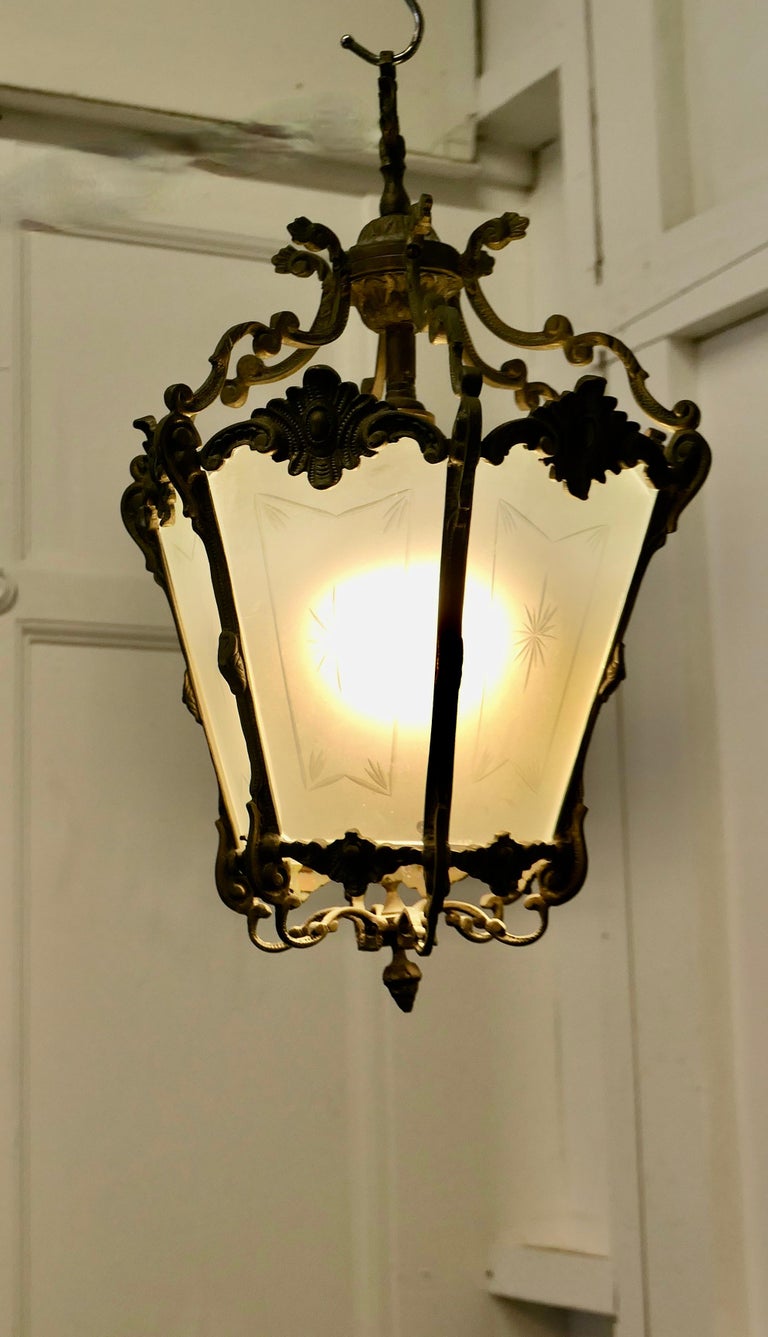 French Rococo Brass and Etched Glass Lantern Hall Light For Sale at 1stDibs