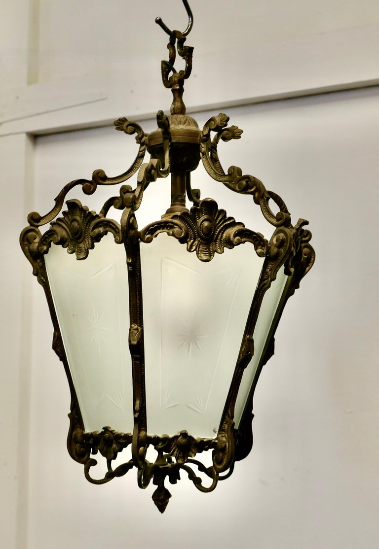 French Rococo Brass and Etched Glass Lantern Hall Light For Sale at 1stDibs