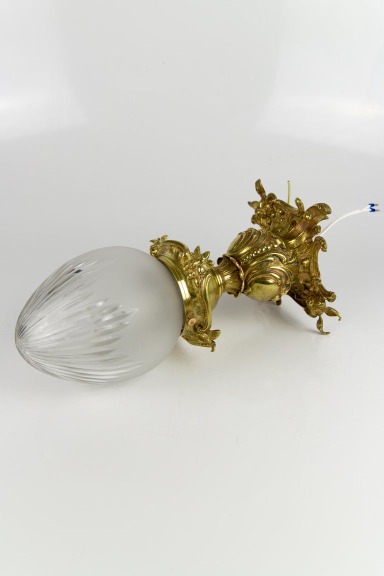 French Rococo Style Bronze and White Frosted Cut Glass Ceiling Light at ...