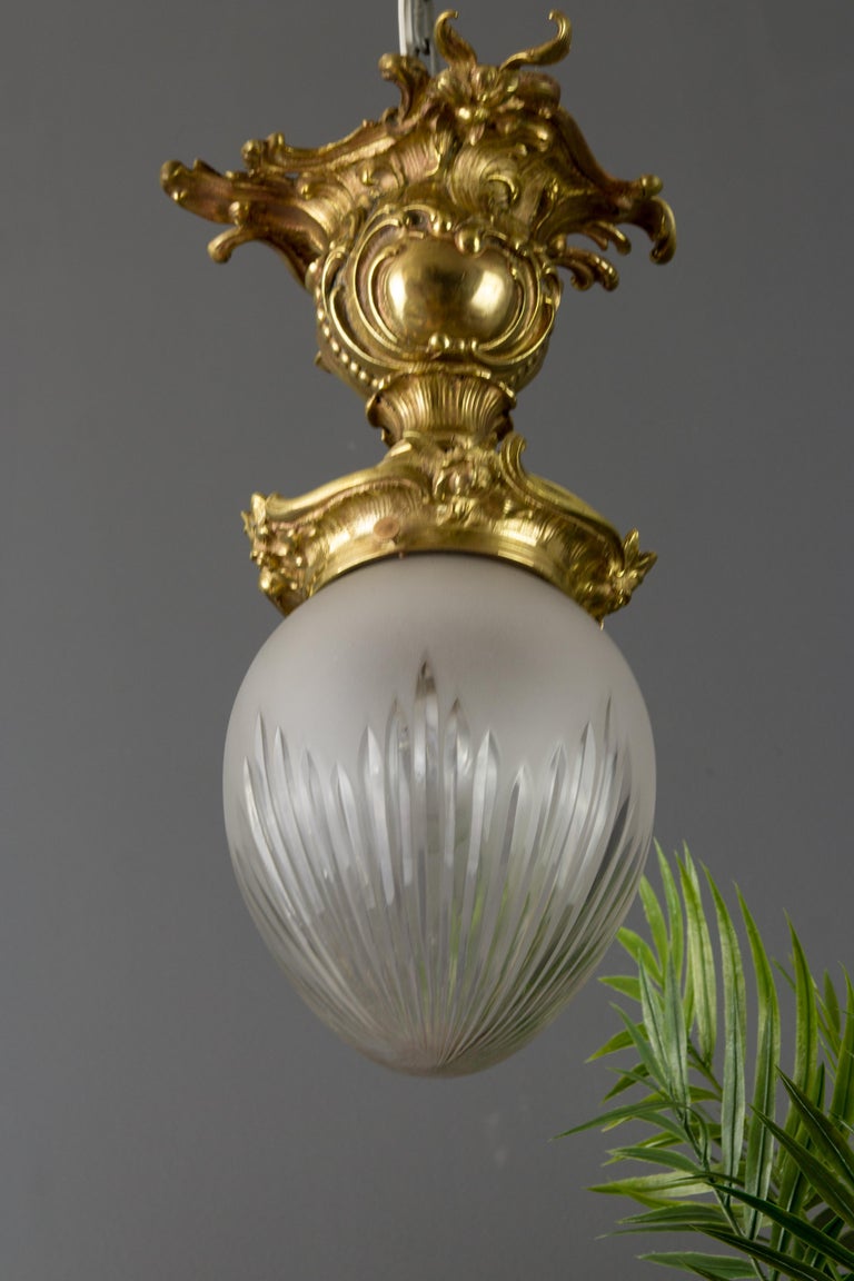 French Rococo Style Bronze and White Frosted Cut Glass Ceiling Light at ...
