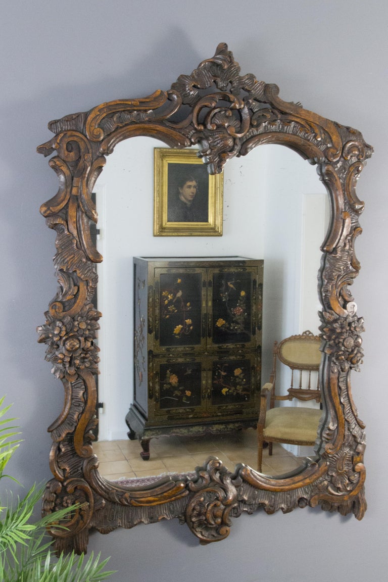 French Rococo Style Ornate Carved Wood Dark Brown Wall Mirror Early ...