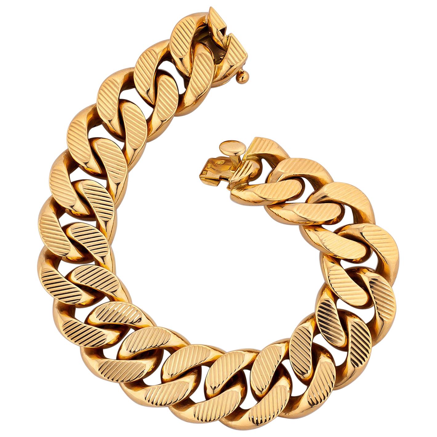 Textured Large Link Gold Bracelet at 1stDibs