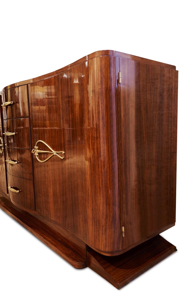 French Rosewood '50s Sideboard, 4 Drawers and 2 Doors, Golden Brass ...