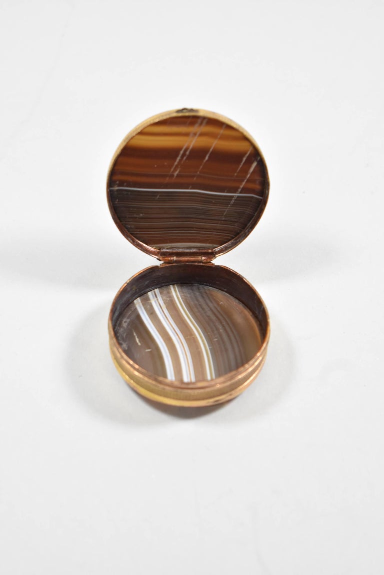 French Round Agate Brass Pill or Snuff Box Turn of the Century at 1stDibs